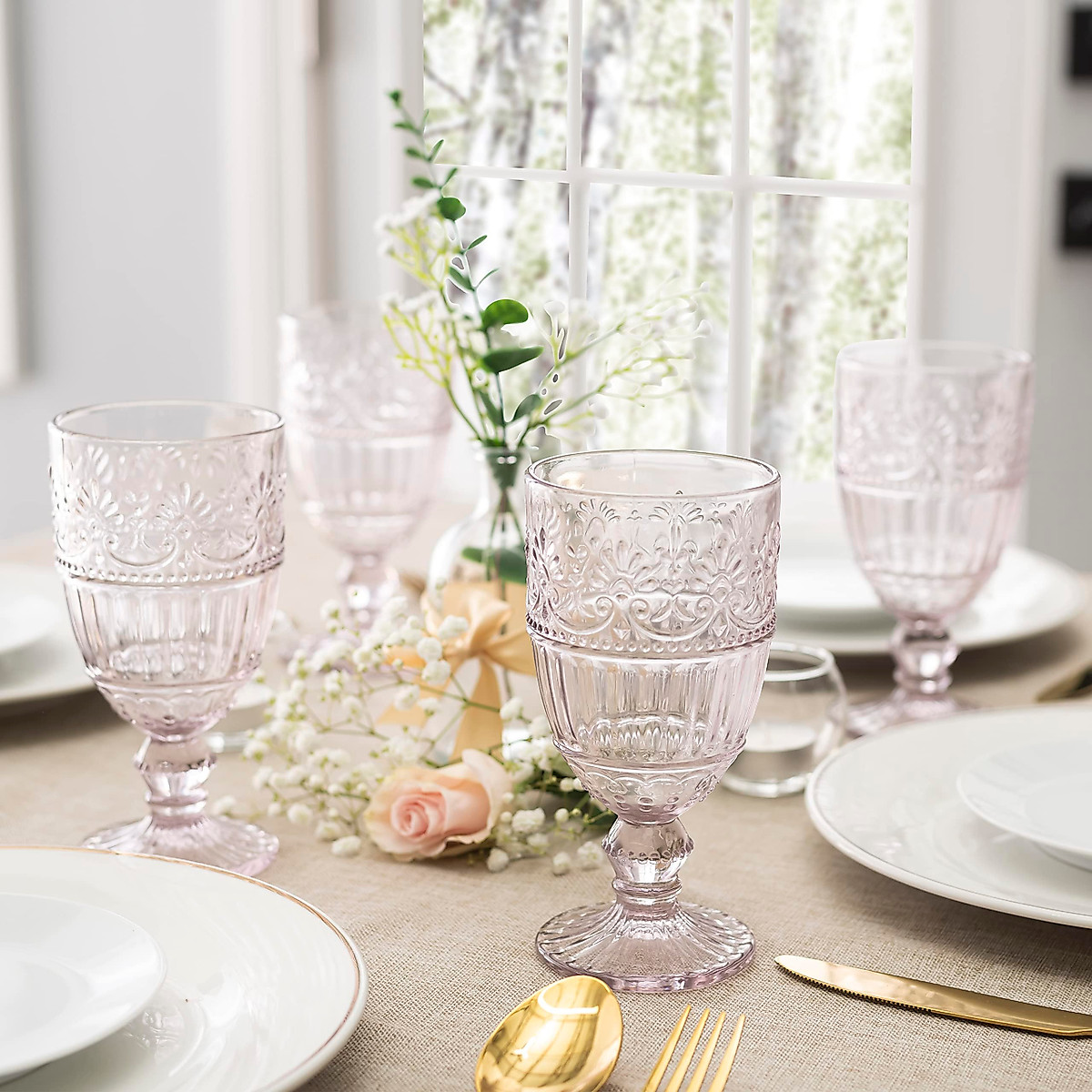 WHOLE HOUSEWARES | Pink Coloured Glass Goblet | Set of 6 Vintage Drinking Glasses | 11.5 oz Embossed Design | Wedding, Party Wine Glasses Set of 6 (Pink)