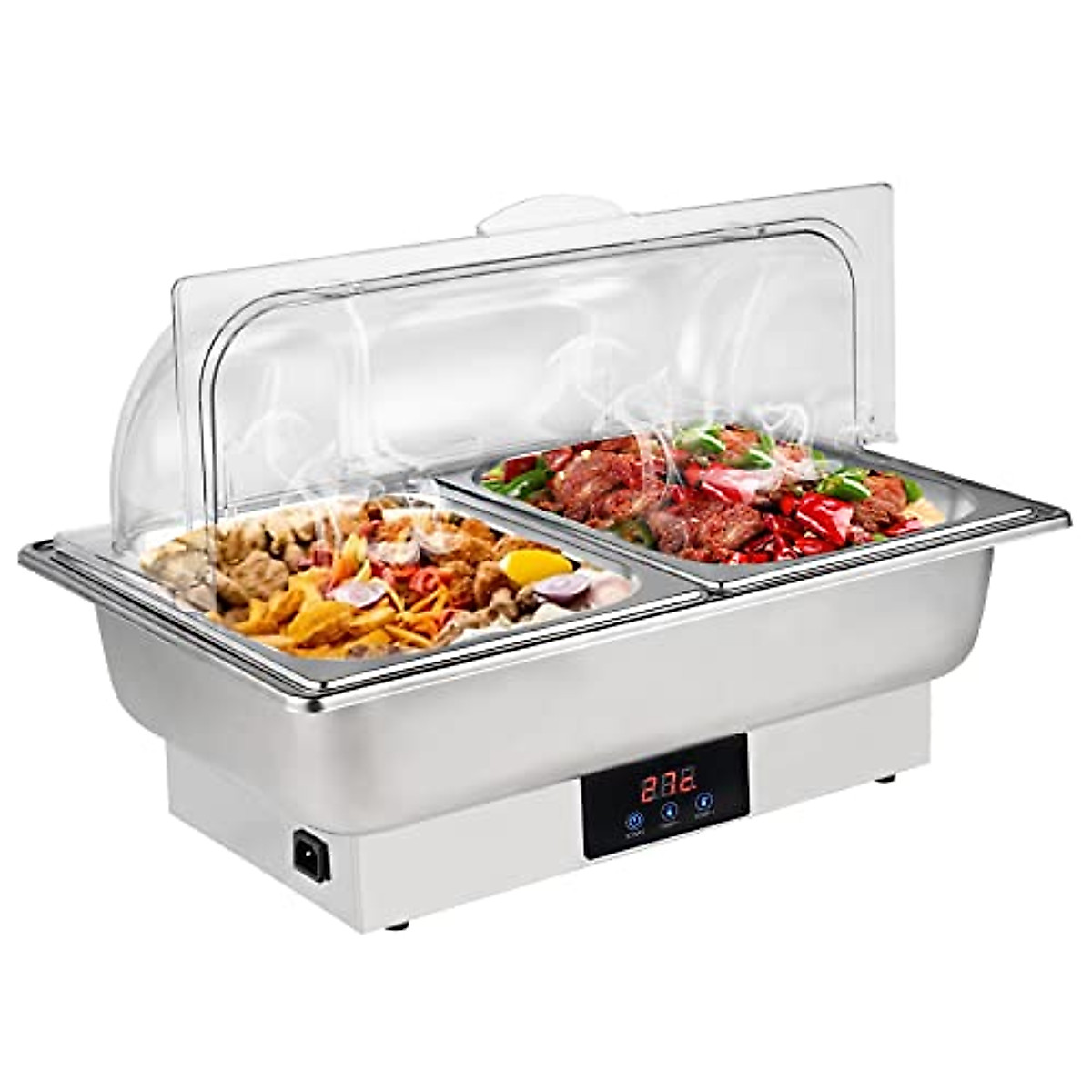 Roll Top Chef Chafing Dish Buffet Set 2 Pan Food Warmer Buffet Servers and Warmers Digital Display Temperature Warming Tray Bain Marie Food Warmer for Parties Commercial Food Steam Table