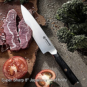 Brewin Japanese Chef knife 8 inch with Knife Sharpener,Professional Sharp Kitchen Knife with Elegant Black Pakkawood Handle High Carbon Stainless Steel Hand Forged Chef's Knives for Cooking Gift Box