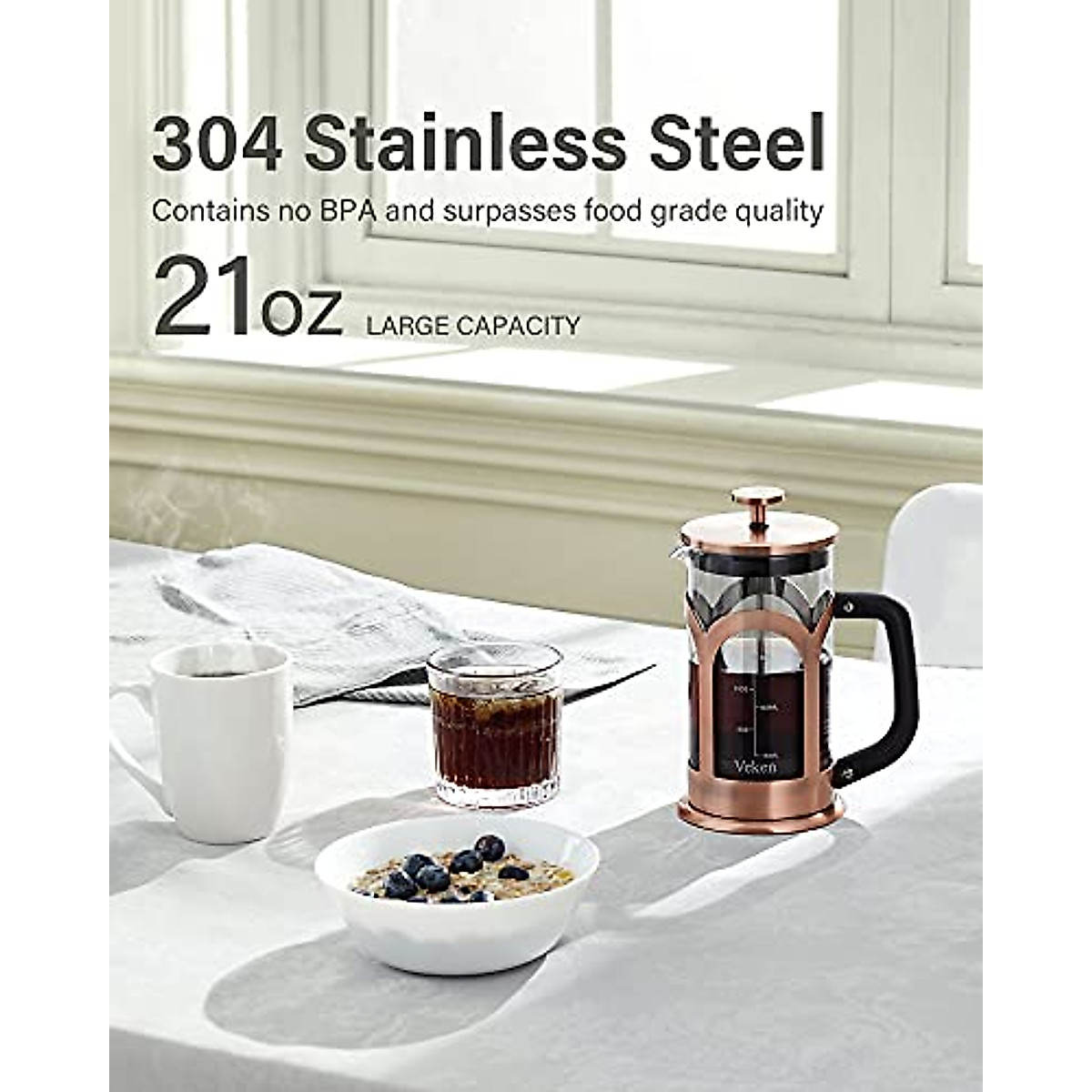 Veken French Press Coffee & Tea Maker, 304 Stainless Steel Heat Resistant Borosilicate Glass Coffee Press, Durable Easy Clean 100% BPA Free, 21oz, Copper