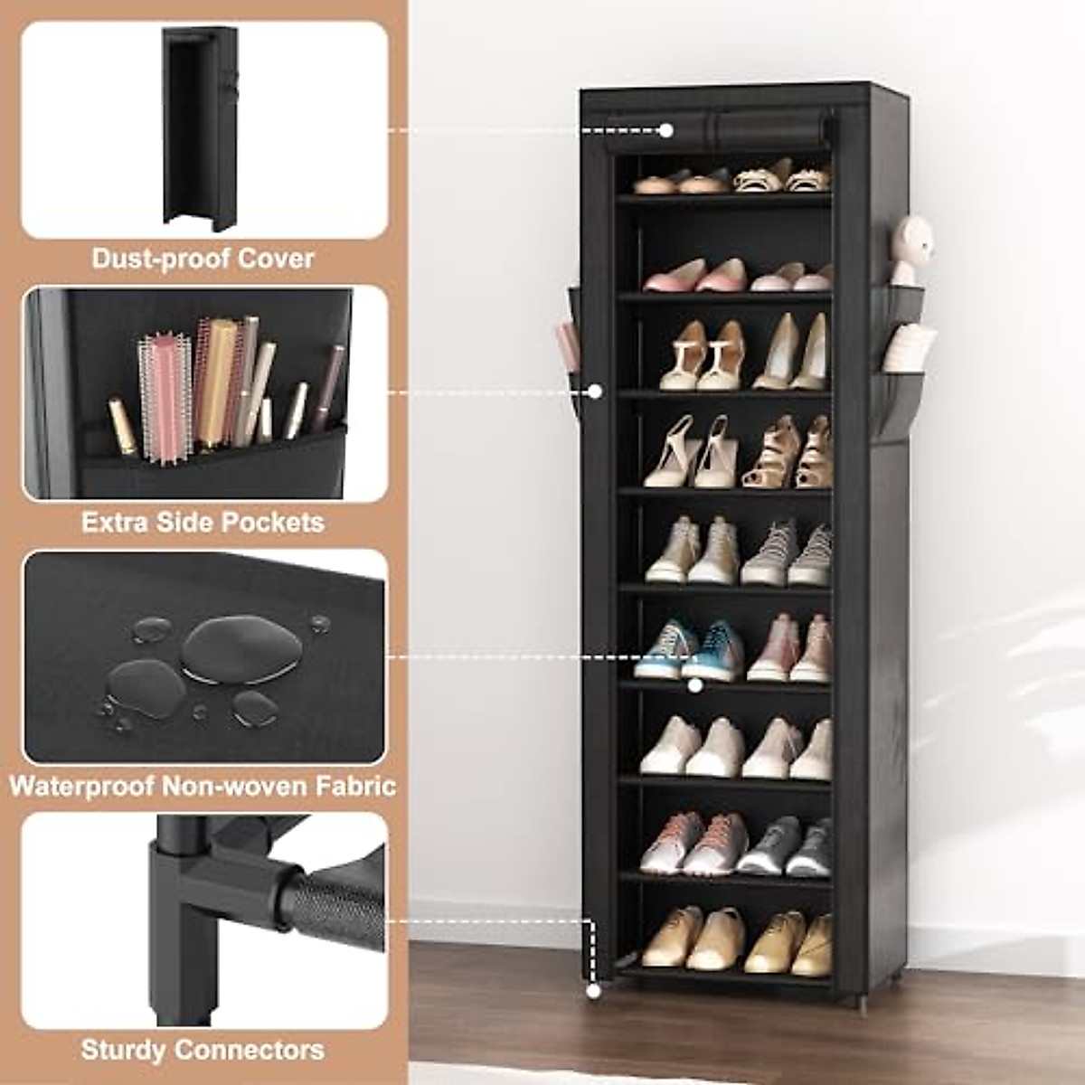 ROJASOP Shoe Rack with Covers, 10 Tier Shoe Organizer Narrow Shoe Storage Cabinet for 20-22 Pairs Shoes and Boots Tall Space Saving Shoe Shelf for Closet Entryway Garage Hallway Bedroom