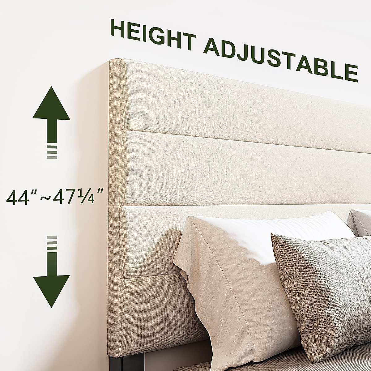 Furnihome King Bed Frame, Modern Upholstered Bed Frame King with Adjustable Linen Headboard, Wooden Slats Support Platform King Size Bed Frame, No Box Spring Needed,Easy Assembly,Beige
