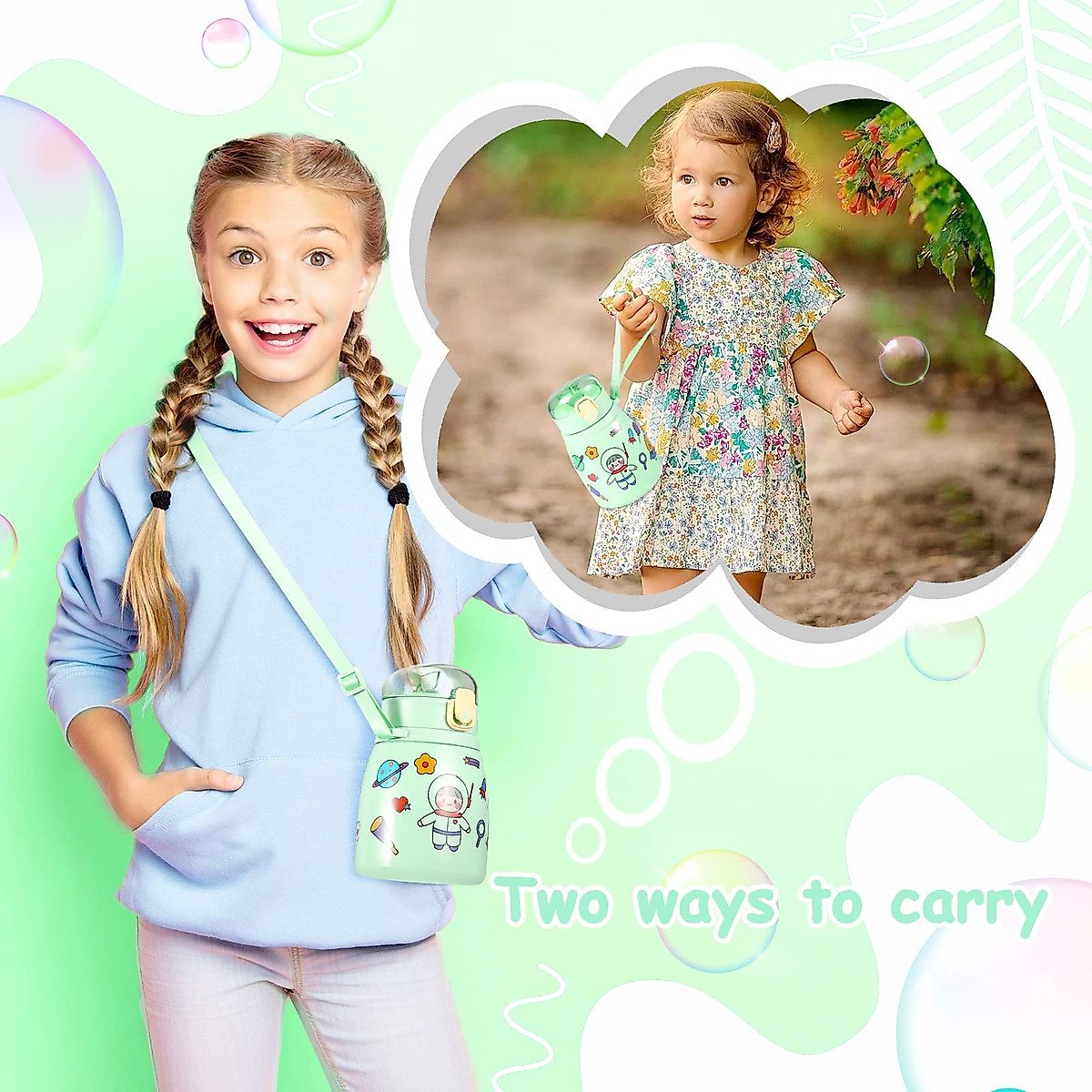 JERESER 17oz Kids Water Bottle, Insulated Water Bottle with Cute Stickers, Fun DIY Art & Craft Kit, Stainless Steel Water Bottle with Straw, Hand Strap & Shoulder Strap, Reusable Metal Water Bottle