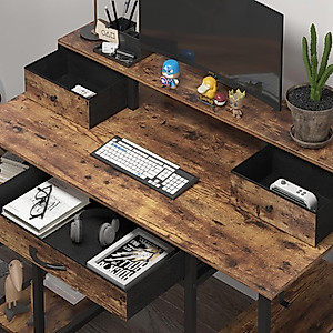 Treesland Computer Desk, 47" Office Desk with Monitor Shelf, Dual Tiers Home Office Gaming Desk with Drawers, Work Desk with Double-Layer Storage Rack, Stable Writing Desk, Rustic Brown