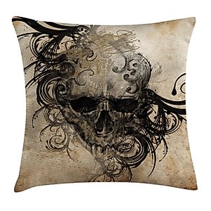 Ambesonne Tattoo Throw Pillow Cushion Cover, Handmade Image of a Skull with Tribal Floral Like Designs Around Print, Decorative Square Accent Pillow Case, 24" X 24", Brown Black