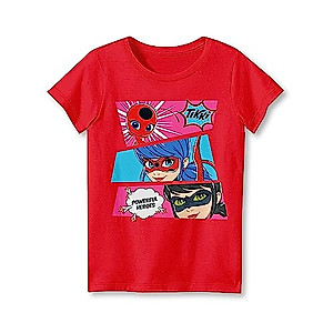 Miraculous Ladybug Girls T-Shirts 2-Pack, Ladybug Cat Noir Rena Rouge Short Sleeve Tees 2-Pack Bundle Set for Girls (Red/Grey, Size 10/12)