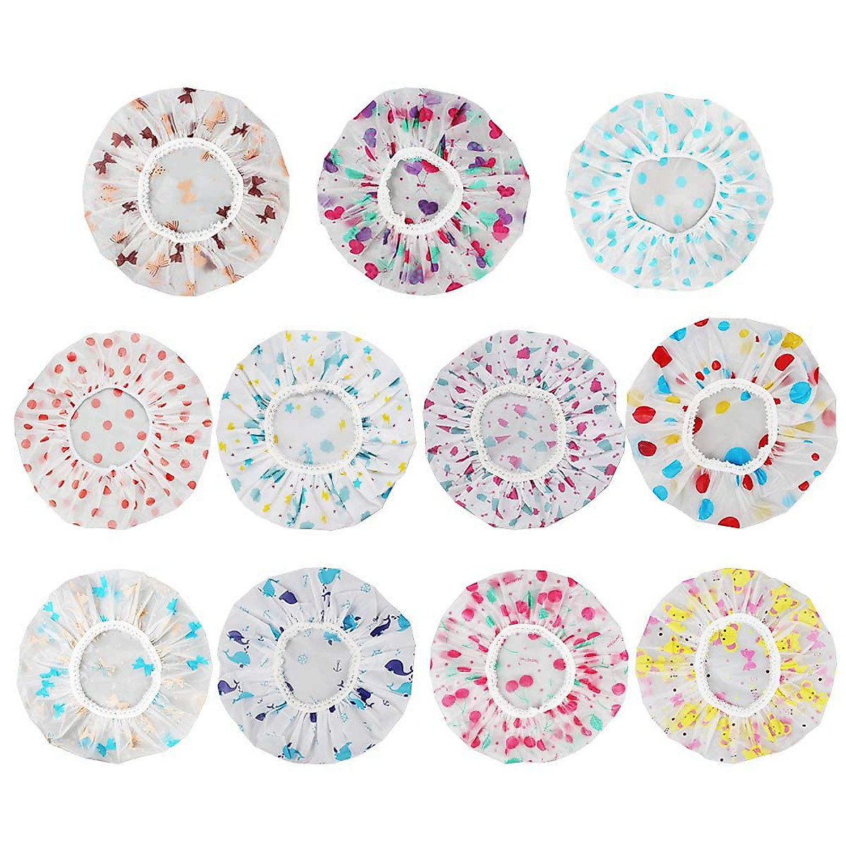 11 Pieces Waterproof Shower Caps Elastic Reusable Plastic Bathing Hair Cap Lady Salon Hat for Kids Girls and Women, Assorted Patterns