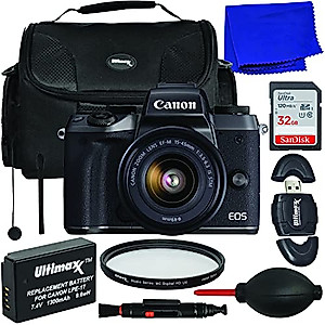 Ultimaxx Starter Canon M5 with 15-45mm Lens Bundle - Includes: 32GB Ultra Memory Card, Protective Multi-Coated UV Filter, 1x Replacement Battery, AC/DC Rapid Travel Charger & More (17pc Bundle)