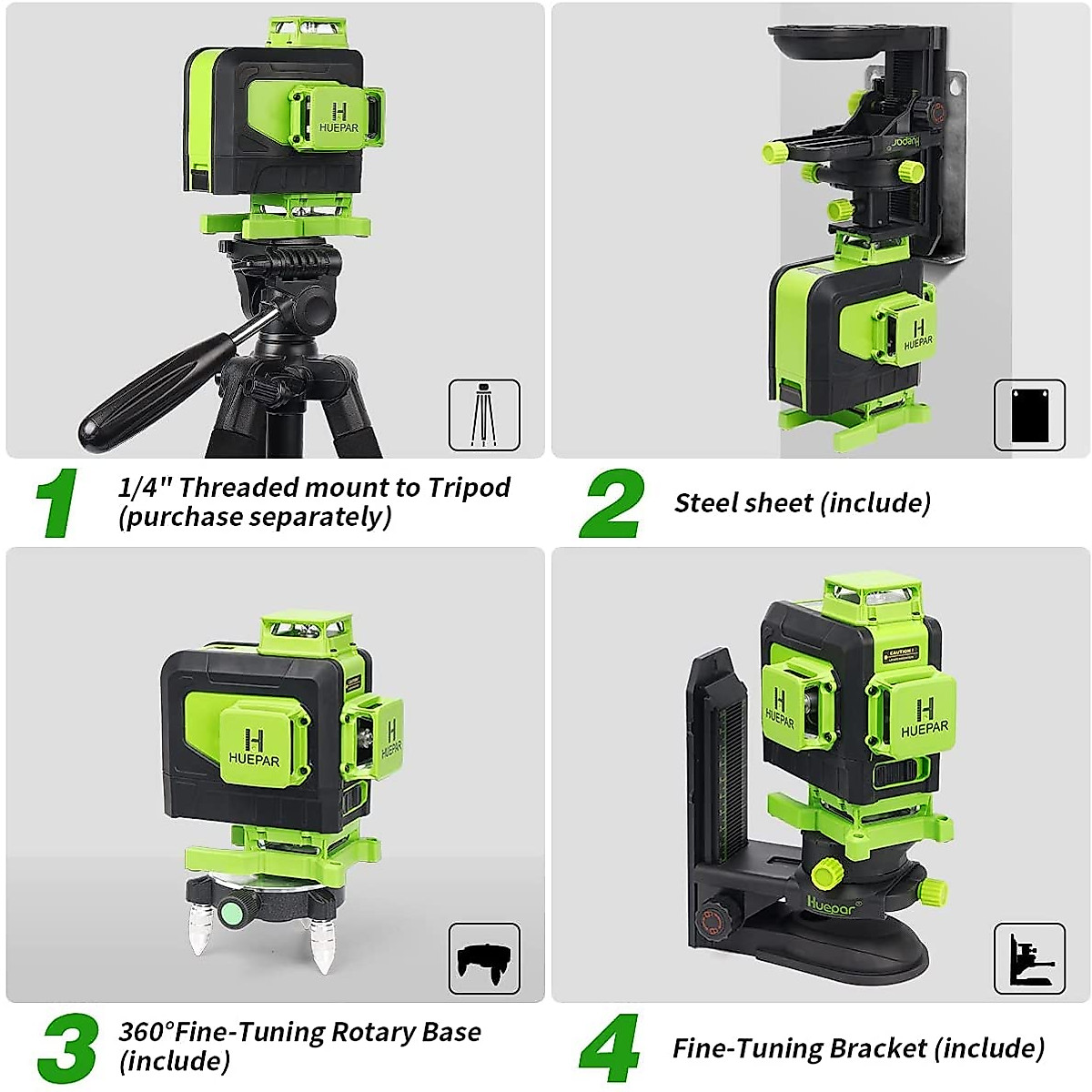 Laser Level Self-leveling Huepar 4x360 Green Cross Line Floor Laser Tool with Remote Control -2 x 360 Horizontal/Vertical Lines Nivel láser with Rechargeable Li-ion Battery & magnetic Bracket-904DG