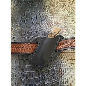 Leather Left Hand Pocket Knife Sheath Fits Buck 110 and 112 Knife, Folding Pancake Style Knife Holder, Black