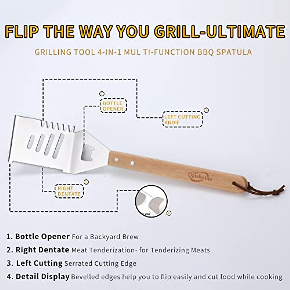 Qinshaine 4-in-1 BBQ Spatula, Multifunction Grill Spatula with Wooden Handle, perfect for BBQ grills and kebabs for camping picnics.