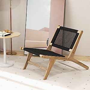 Tangkula Teak Wooden Chair, Mid Century Modern Accent Chair with Handwoven Cordage Seat & Backrest for Patio, Porch, Balcony, Lawn, Garden, Backyard, Poolside & Deck Indoor Outdoor (2)