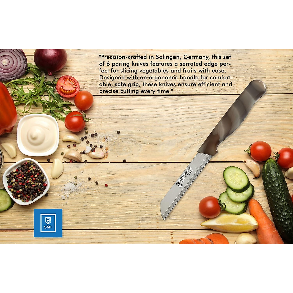 SMI - 6 Pcs Paring Knife Set Serrated Edge, Vegetable Knife, Fruit Knife, Kitchen Knife Made in Solingen Germany (Brown White)