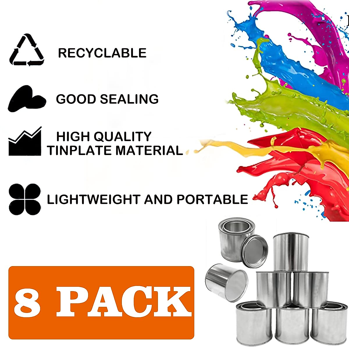 Esamploe 8 Pack Empty Metal Paint Cans with Lids(1/2 Pint Size),Paint Storage Containers for Leftover Paint,1 Cup Capacity Touch Up Paint Containers,Tiny Empty Unlined Pint Paint Pails
