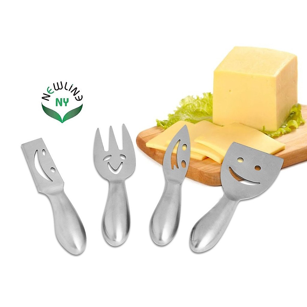 NewlineNY Stainless Steel 4 Pieces Smiling Faces Cheese Knife Set: Hard and Soft Cheese Knives, Serving Fork & Cheese Spreader