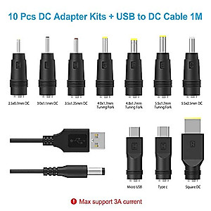 USB to DC Power Cable with 10pcs DC Barrel Jack Universal Laptop Power Adapter Tips USB 2.0 to DC 5.5x2.1mm Plug Charging Cord Kits Max 3A Compatible for Lenovo, Compatible for Asus and More