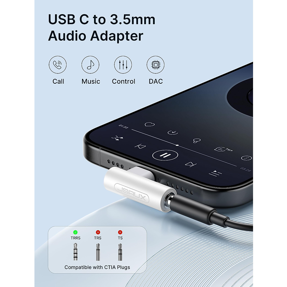 JSAUX 2 Pack Right Angle USB C to 3.5mm Audio Adapter, Type C to Aux Headphone Jack Adapter with 24bit DAC HiFi Dongle Compatible with Samsung Galaxy S23 Ultra, Pixel 7, iPad Pro, MacBook, iPhone 15