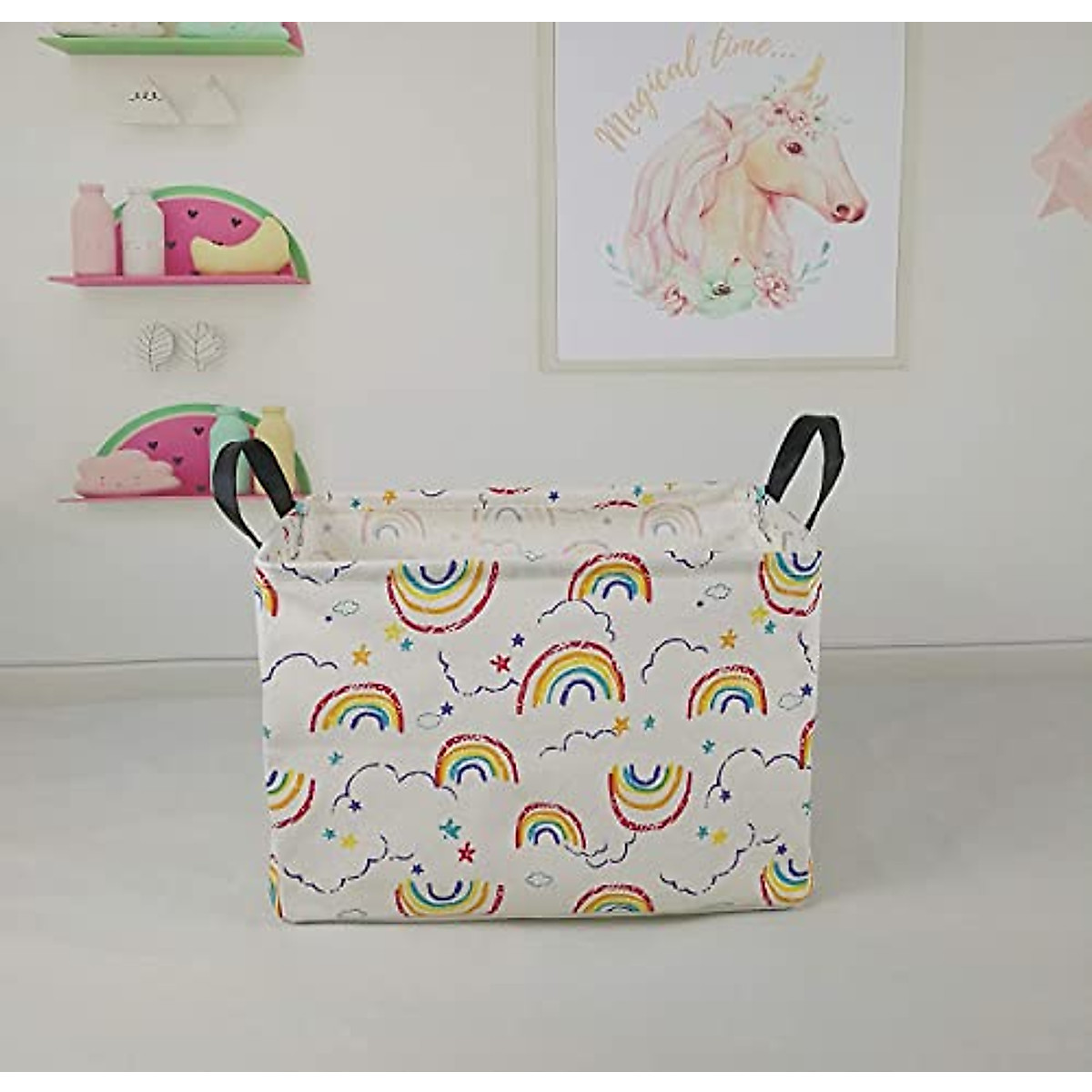 HUAYEE Colorful Rainbow Rectangular Storage Bin Shelf Basket Canvas Fabric Toy Box,Waterproof Coating Nursery Hamper with Handles,Gift Basket for Home,Office,Clothes,Books(Rainbow)