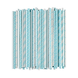 ALINK Biodegradable Light Blue White Paper Straws, Pack of 100 Party Straws for Juice, Cocktail, Smoothies, Birthday, Wedding, Bridal/Baby Shower and Christmas Decorations Supplies