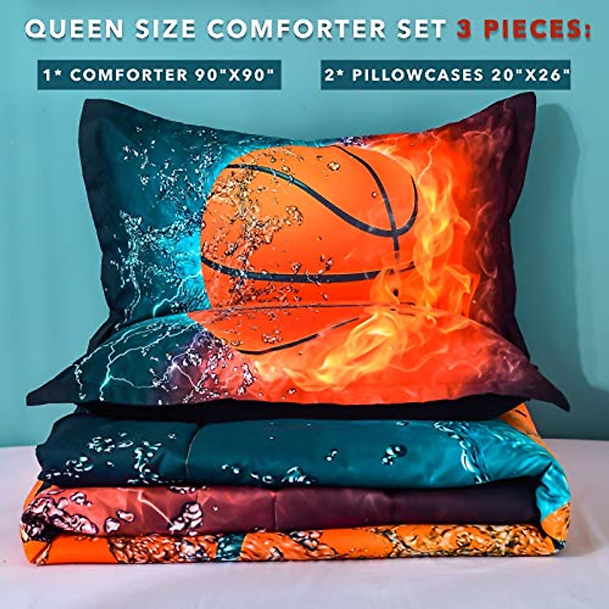 Andency Basketball Comforter Queen(90x90 Inch), 3 Pieces(1 Basketball Comforter, 2 Pillowcases) Sport Microfiber Comforter Set Bedding Set for Kids Boys Girls Teens