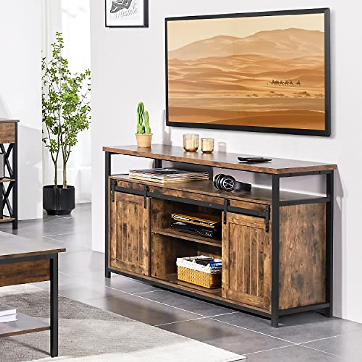 Yaheetech TV Stand Media Entertainment Center with Sliding Barn Doors for 65 Inch TV, 55 Inch TV Stand with Storage and Adjustable Shelf, Industrial TV Table for Bedroom, Rustic Brown