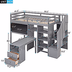 Harper & Bright Designs Twin Loft Bed with Stairs, Solid Wood Loft Bed with Pullable Desk and Storage Shelves and Blackboard, for Bedroom, Dorm, Boys, Girls, Adults (Twin Size, Gray)