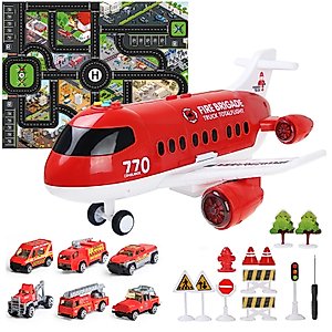 Coolplay Red Airplane Toy Set Rescue Fire Truck Toy Lights and Sound for Kids Gift Ambulance Car Toy Transport Vehicles for Boy 3-6 Years Old