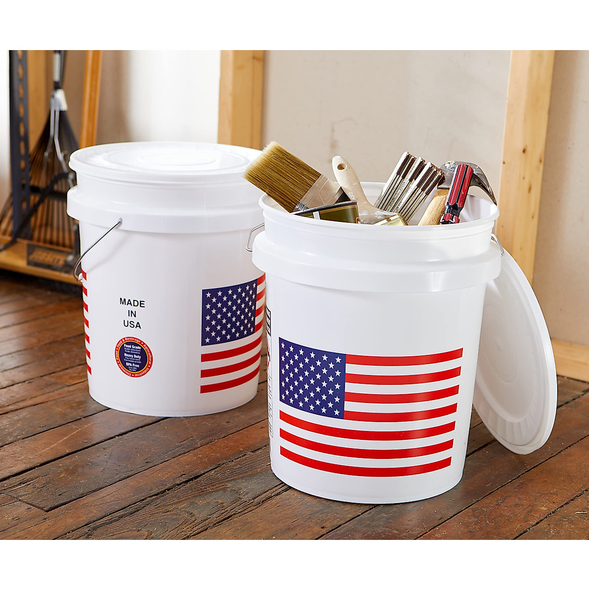United Solutions 5 Gallon Bucket, Heavy Duty Plastic Bucket, Comfortable Handle, Perfect for on The Job, Home Improvement, or Household Cleaning, White with USA Flag, Pack of 2