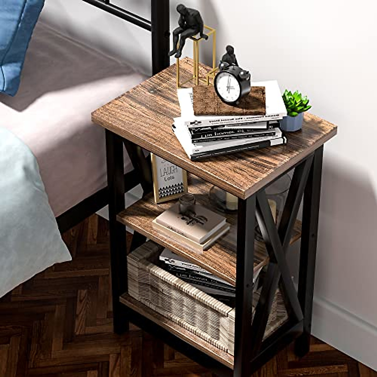 VECELO Modern X-Design Night Stand, Nightstands End Storage Versatile Shelf Side Table,Easy Assembly, Retro Brown