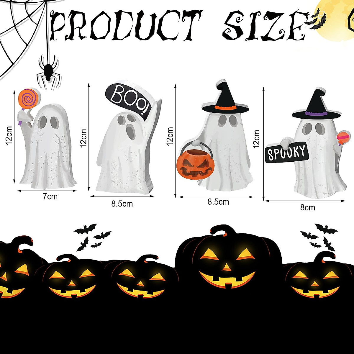 Thyle 4 Pieces Halloween Tiered Tray Decor Halloween White Ghosts Wooden Signs Wood Cute Ghost Figurine Farmhouse Boo Spooky Table Sign for Kitchen Decoration Home Table Centerpiece Party Supplies