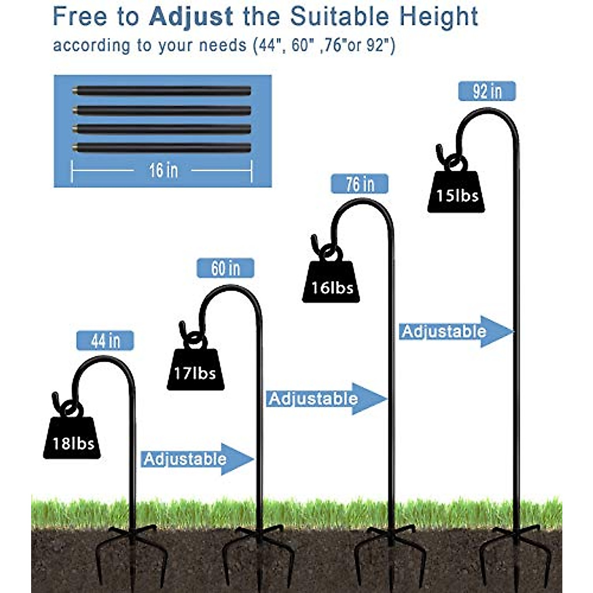 Artigarden 92 Inch Outdoor Shepherd Hooks with 5 Pronger Base (2 Packs), Adjustable Heavy Duty Garden Hanging Stand Holder for Bird Feeders Lanterns Planter Hanger, Matte Black