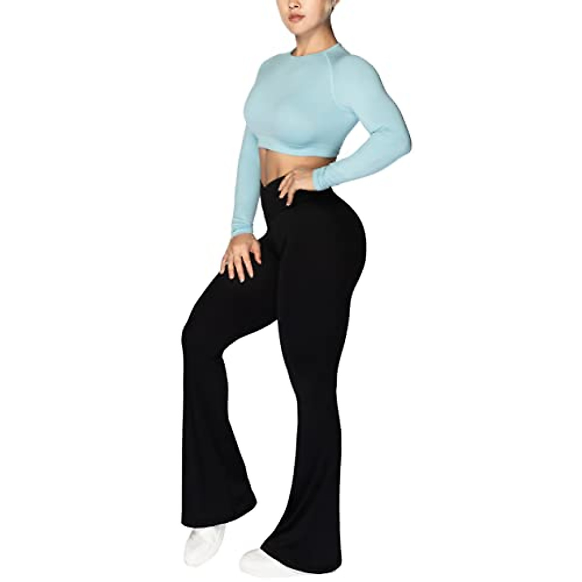 Sunzel Flare Leggings, Crossover Yoga Pants for Women with Tummy Control, High-Waisted and Wide Leg Black