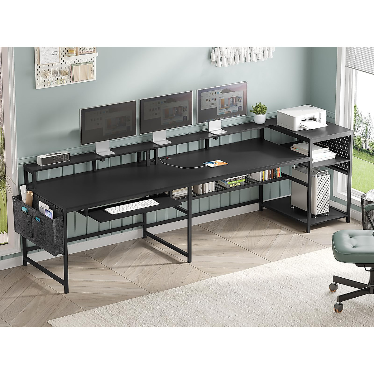 SEDETA L Shaped Gaming Desk, Reversible Computer Desk, Gaming Desk with Power Outlets & LED Strip, Monitor Shelf, Keyboard Tray, Pegboard and Storage Shelves for Home Office, Black