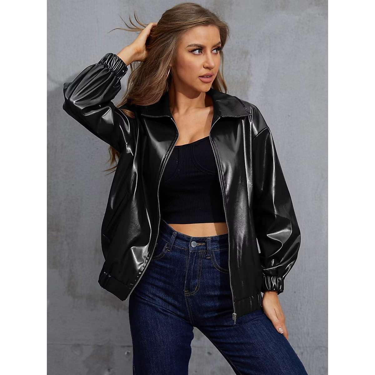 PITINAN Womens Leather Jacket Black Bomber Jacket Women 2023 Fall Faux Leather Jacket Leather Coat for Women Relaxed-fit Windproof Womens Motorcycle Jacket Black XXL