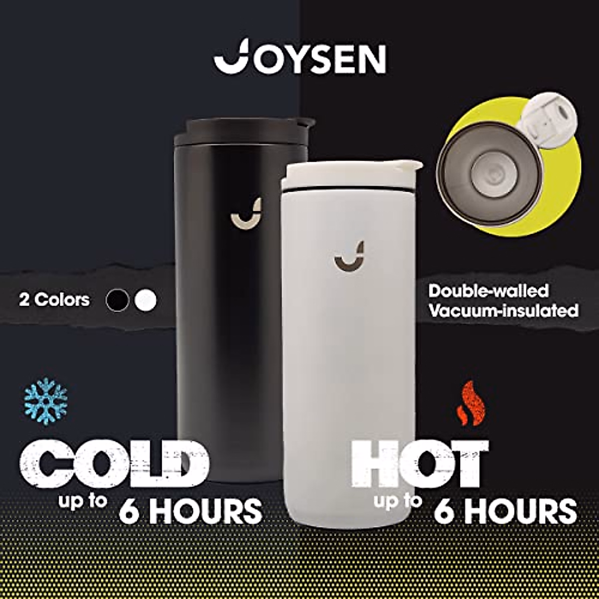 JOYSEN 16 oz Insulated Tumbler with Spill Proof Lid, Keeps Beverages Hot or Cold for Hours, Ideal for Commuters, Reusable Stainless Steel, Double Wall (White)