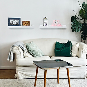 PHOENANCEE Picture Shelf Set of 2,Wood Wall Ledge with Lip,Photo Frames Book Storage Display Shelves for Living Room Bedroom Kitchen Kids Nursery,Home Office Decor(Rustic White,17 Inch)