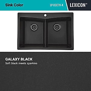 33" x 22" Quartz Kitchen Sink, Double Bowl Kitchen Sinks, Drop in sink, Undermount Sink, Galaxy Black Kitchen Sink, Double Sink Kitchen, Grids, Strainer and Flange, Lexicon Platinum LP-800TM-K