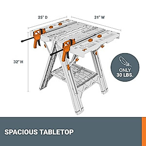 Worx Pegasus 2-in-1 Folding Work Table & Sawhorse, Easy Setup Portable Workbench, 31" W x 25" D x 32" H Lightweight Worktable with Heavy-Duty Load Capacity, WX051 - includes 2 Clamps & 4 Clamp Dogs