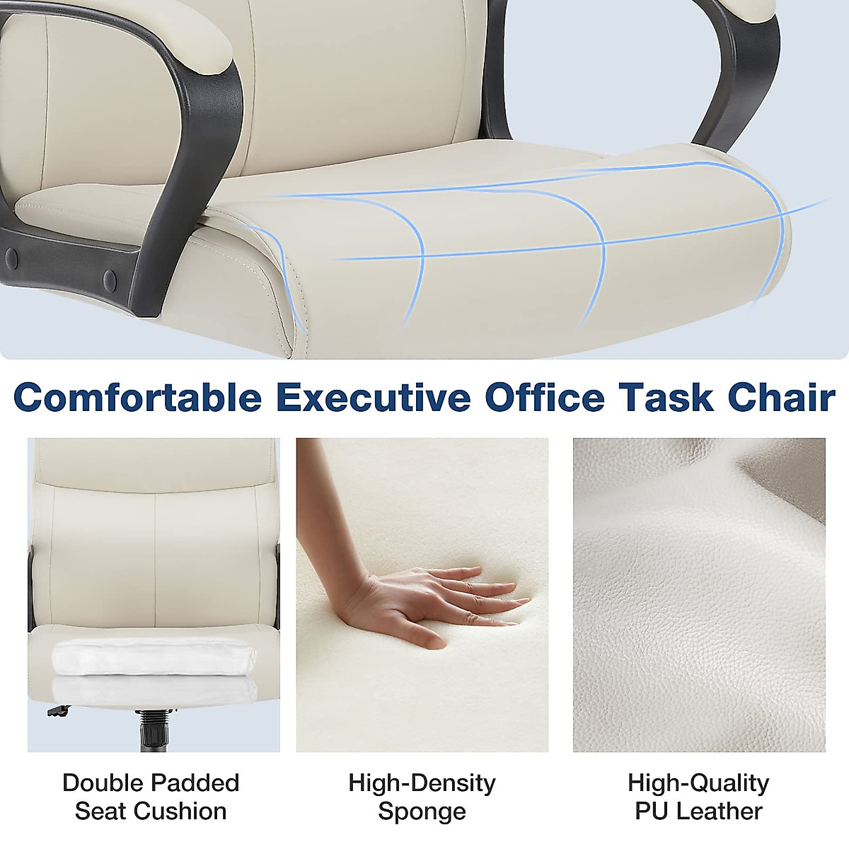 Executive Office Chair Computer Desk Chair with Padded Armrests, Ergonomic Chair Mid Back Lumbar Support and Adjustable Height & Tilt Angle Home Office Desk Chairs PU Leather Swivel Chair, Cream