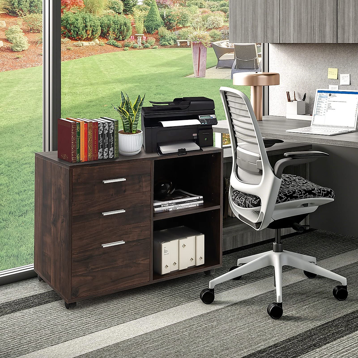 Giantex 3-Drawer Lateral File Cabinet - Mobile Rolling Printer Stand with 2 Open Storage Shelves, Hanging Bar for Letter Size Files, Filing Cabinet Under Desk on Wheels for Home & Office Organization