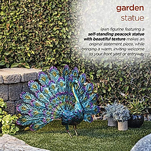 Alpine Corporation JUM232 Metal Peacock Outdoor Statue, 32" L x 12" W x 23" H, Multi-Color