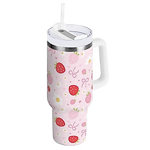 YNNALE 30 oz Tumbler with Straw & Handle - 2 in 1 Lids Leak Proof Tumblers - Large Insulated Stainless Steel Cup - BPA-Free Water Bottle Travel Metal Mug for Women Man,Bow Floral Cute Pink Strawberry