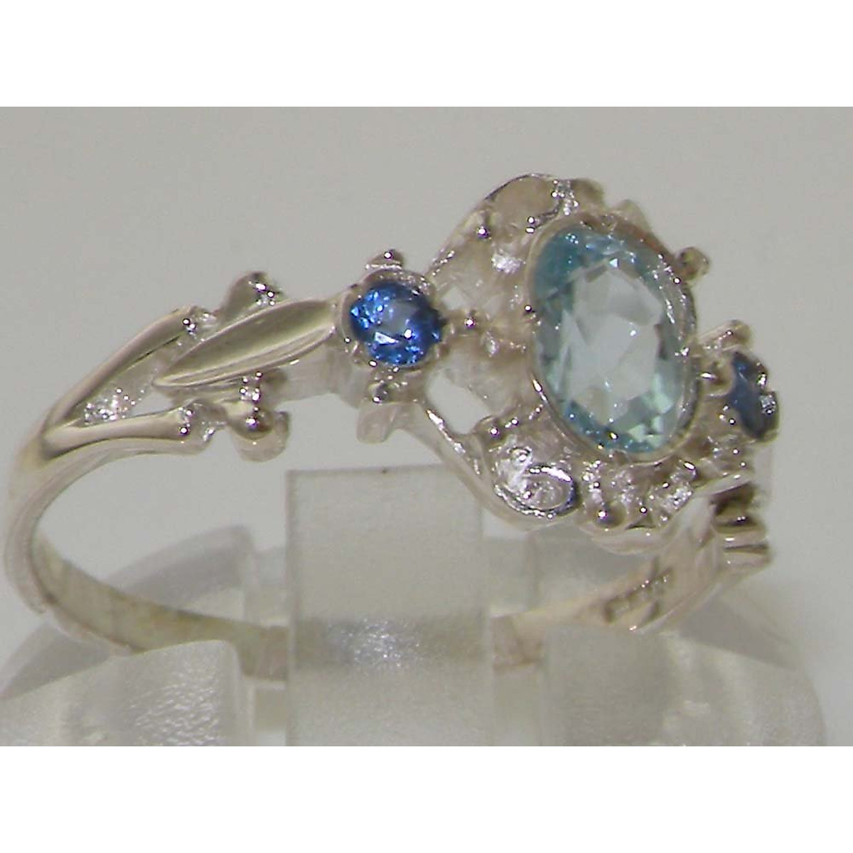 LetsBuyGold 925 Sterling Silver Natural Aquamarine and Sapphire Womens Promise Ring - Size 7.5