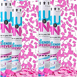 Tamsan Gender Reveal Cannons - Girl Surprise! Set of 4 Biodegradable Confetti, 12 Inches Pink Confetti Cannon, Easy to Use Indoor & Outdoor Gender Reveal Cannon with Matching Stickers
