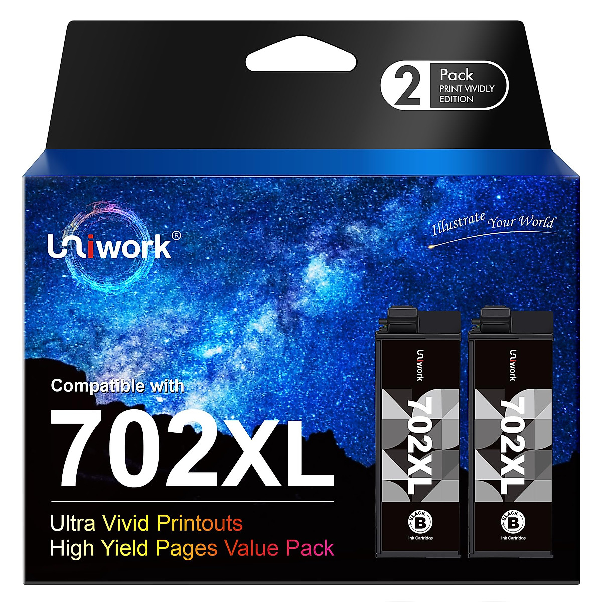 Uniwork Remanufactured 702XL 702 Ink Cartridge Replacement for Epson 702XL 702 XL T702XL T702 High Yield to use with Workforce Pro WF-3720 WF-3730 WF-3733 Printer tray (2 Black)