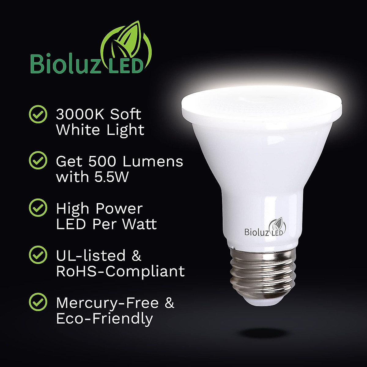 Bioluz LED 10 Pack PAR20 LED Bulb 90 CRI 5.5W = 75W Replacement Spot Light Bulb 3000K Soft White, E26, 40 Degree Beam Angle, UL Listed & Title 20