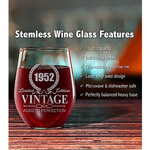 Promotion & Beyond Vintage 1952 Stemless Wine Glass - Funny 70th Birthday Gift For Moms Grandmas Stepmoms Aunts Sisters Wife Friends From Daughter Son Grandchildren Husband Friends