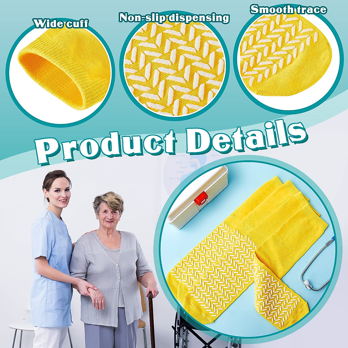 6 Pair Double Sided Tread Non Slip Socks Slip Stopping Safety Socks Fall Prevention Socks for Wide Bariatric (Yellow,Large)