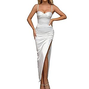 Women's Satin Spaghetti Straps Backless Ruched Bodycon Dress Slit Maxi Cocktail Elegant Dresses for Evening Party White