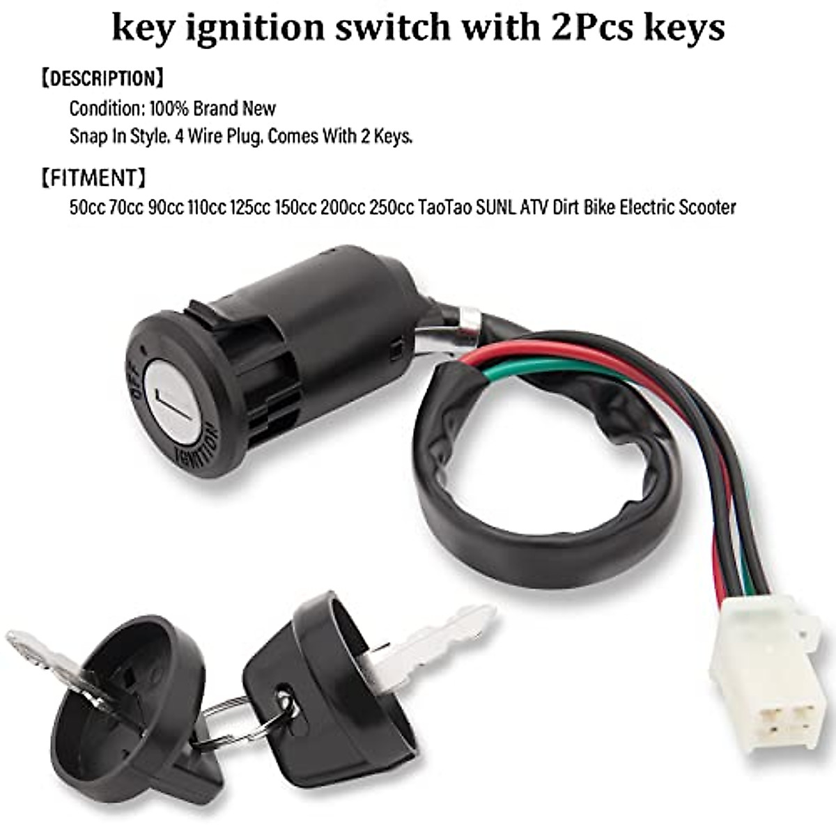 4 Wires Ignition Switch Key with Cap+3 Function Left Starter Switch Assembly for 50cc 70 cc 90cc 110 cc 125cc 150cc TaoTao SUNL Chinese ATV Quad 4 Wheeler 125cc Apollo Dirt Bike Scooter Parts